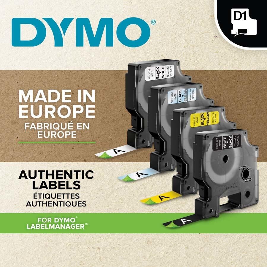 Buy Dymo D1 S0720580 / 45018 Authentic Label Tape, Self-Adhesive, Black Print on Yellow 12 mm x ...